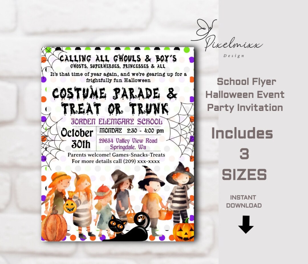 Editable Halloween Party Flyer, Kids Trick-or-trunk Halloween Flyer ...