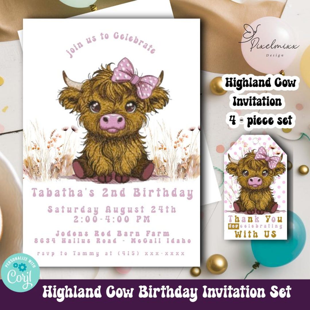 Editable Highland Cow Birthday Invitation Set Corjl Template Invite ...