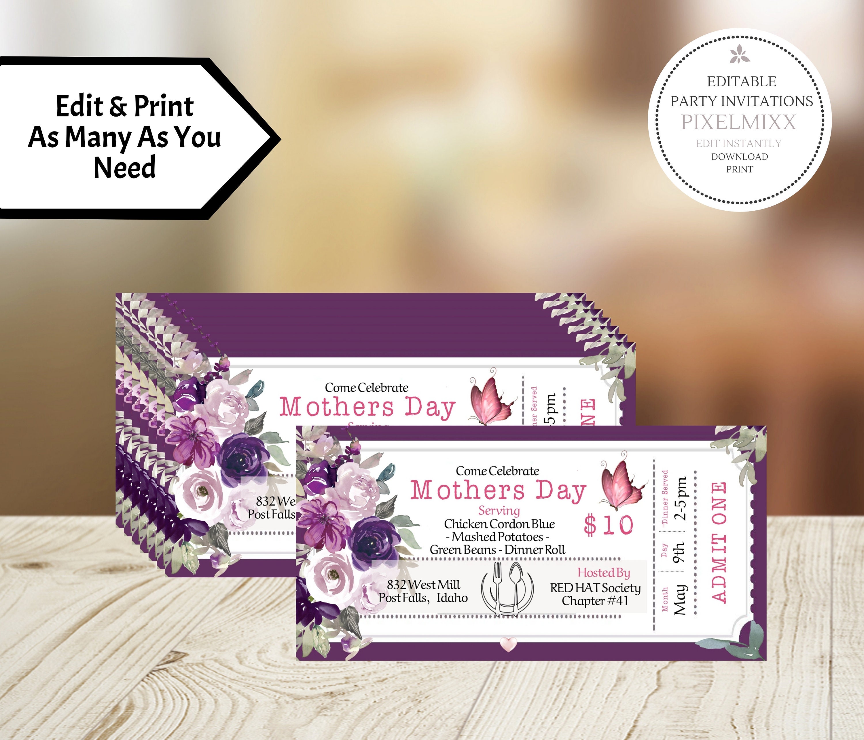 Mothers Day Celebration Ticket, Floral Brunch Tickets, Editable Mothers ...