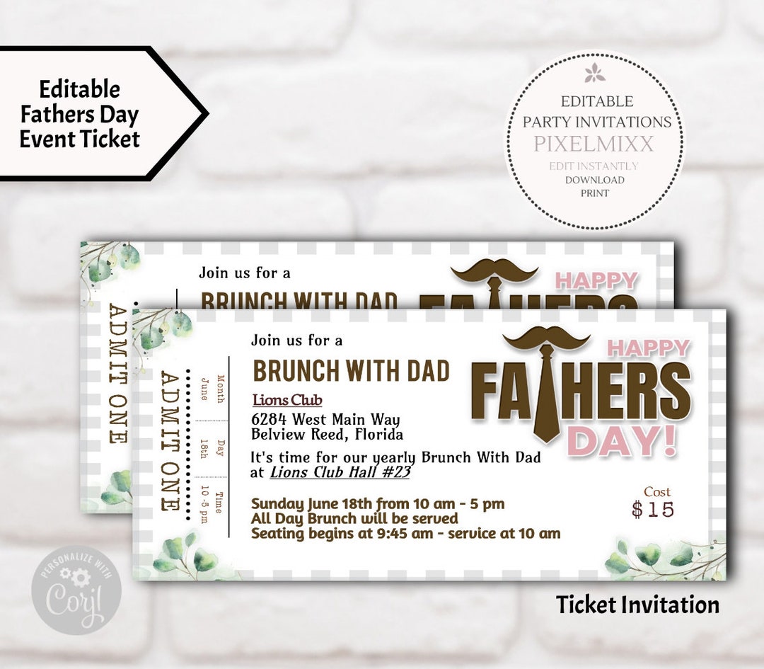 Father's Day Brunch Ticket Invitation, Event Brunch Tickets, Editable ...