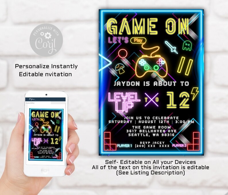 Gamer Neon Glow Invite, Digital Instant Download, Edit & Print ...