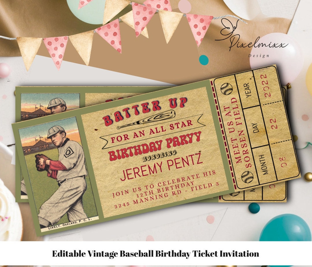 EDITABLE Ticket Template Party Invitation Baseball Printable Vintage ...