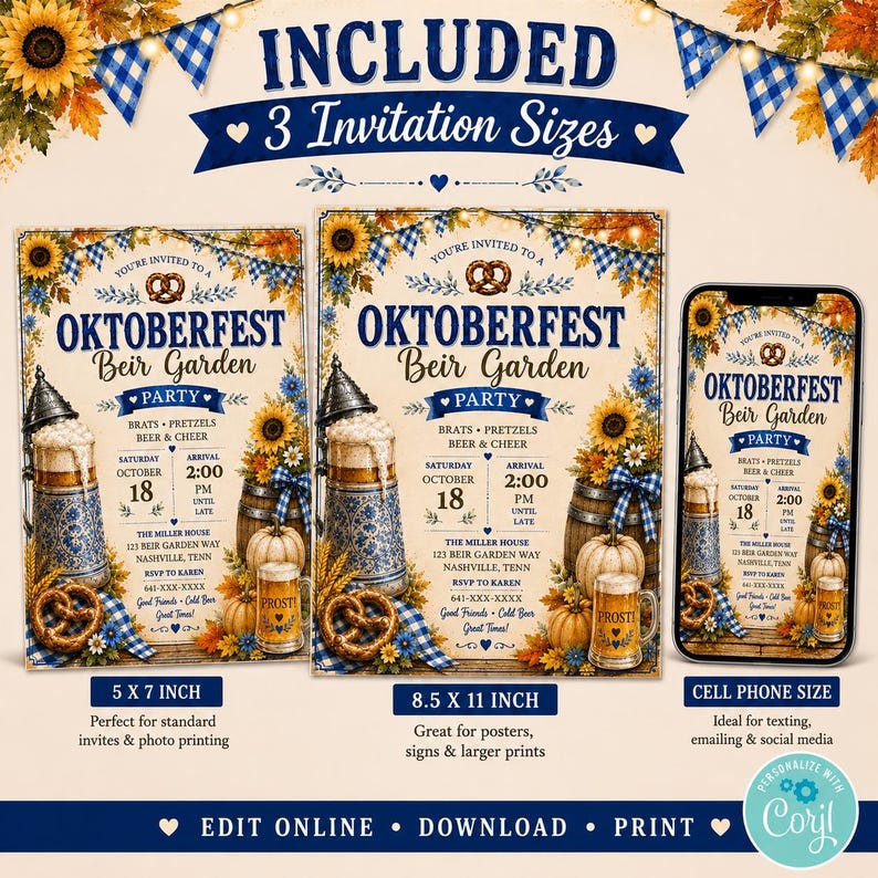 Oktoberfest Bier Garten Party Invitation German Beer Festival Fall ...