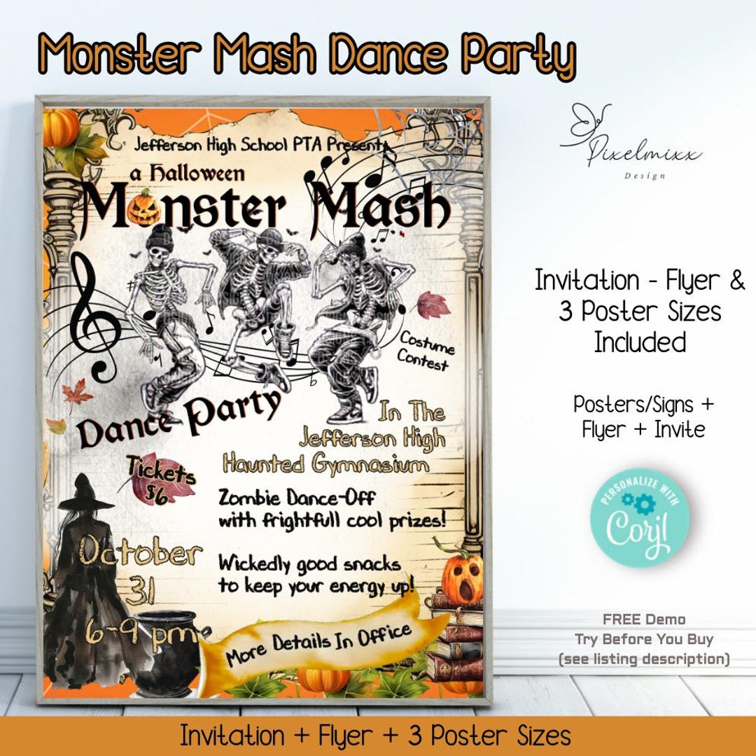 Editable Monster Mash Halloween Dance Invitation, Flyer, Poster ...