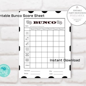 Printable Bunco Score Sheet, Bunco Party, Two Sizes in 8.5 X 11 Inch ...