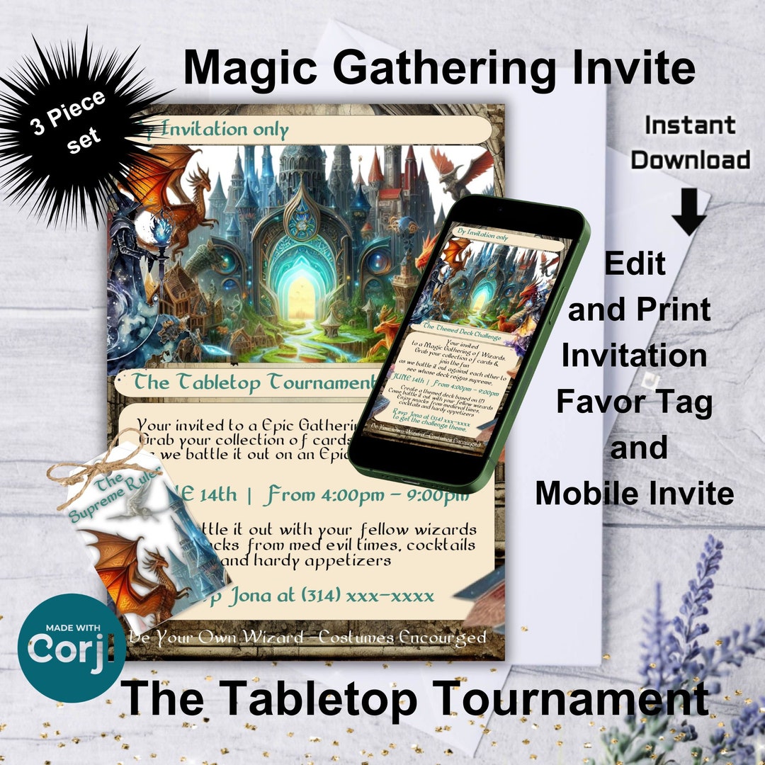 Magic Gathering Quest Invitation, Tabletop Tournament Party Invitation ...