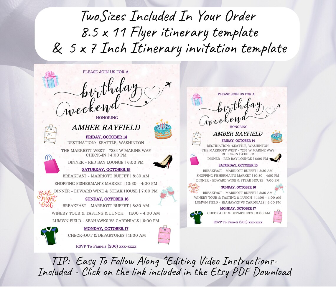 EDITABLE Birthday Weekend Itinerary Girls Weekend Printable - Etsy