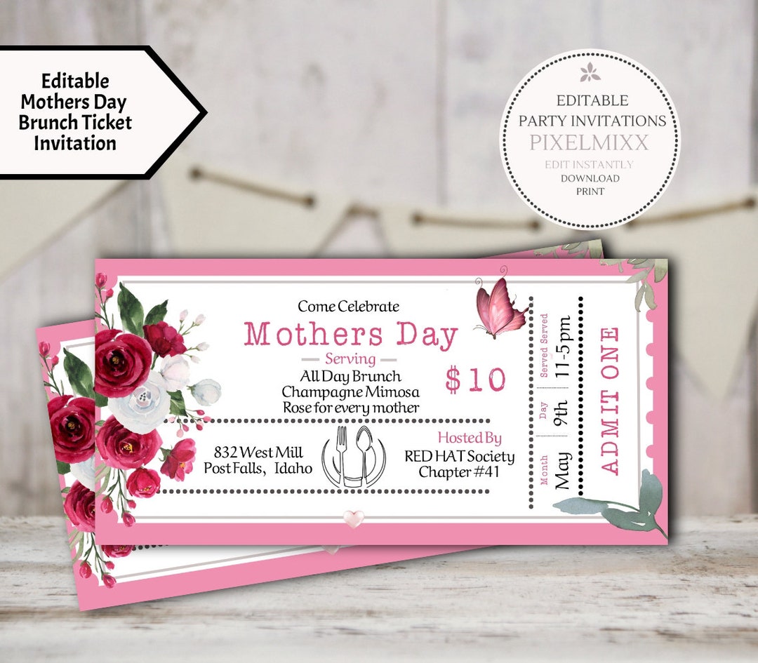 Mother's Day Brunch Ticket Invitation, Floral Brunch Tickets, Editable ...