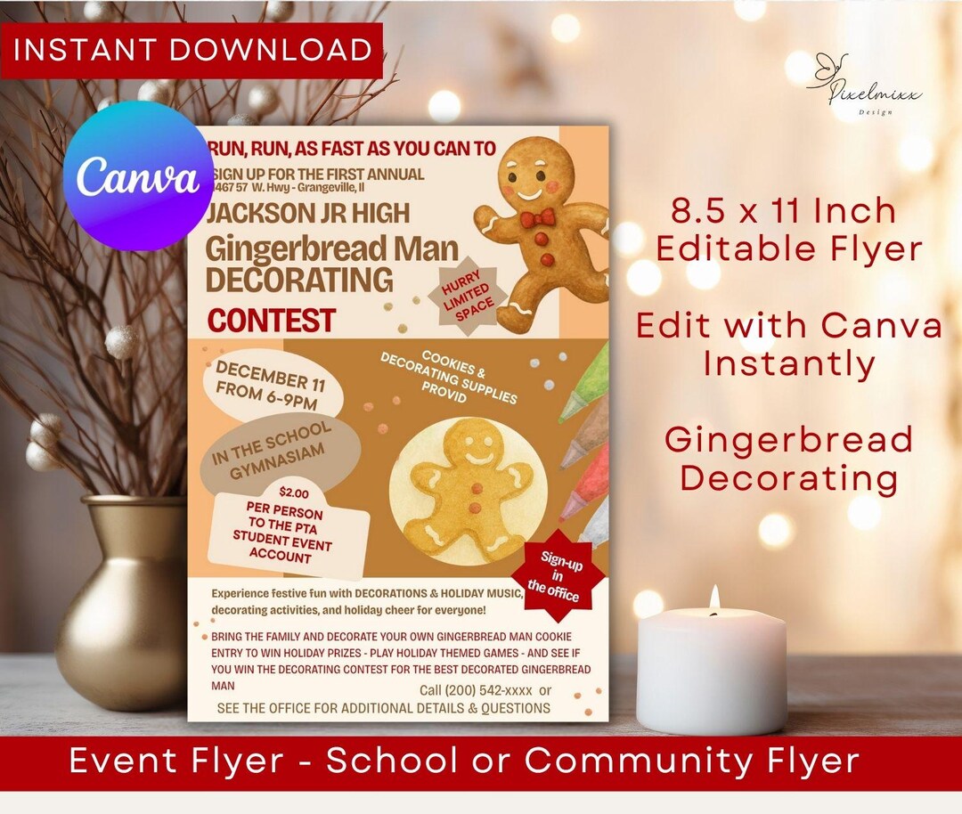Editable Canva Gingerbread Man Decorating Contest Flyer School PTA ...