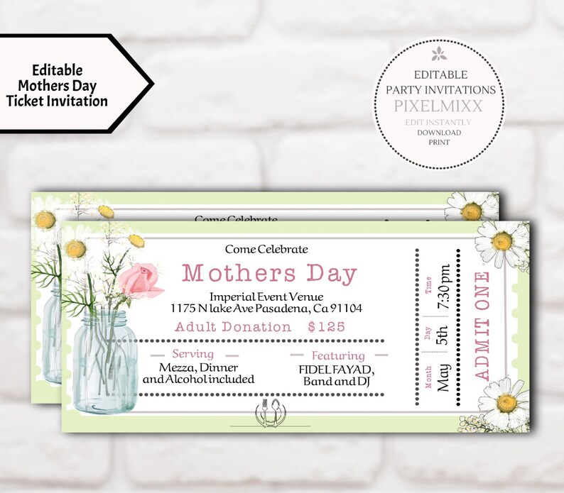 Mothers Day Event Ticket, Floral Brunch or Dinner Ticket, Editable Mom ...