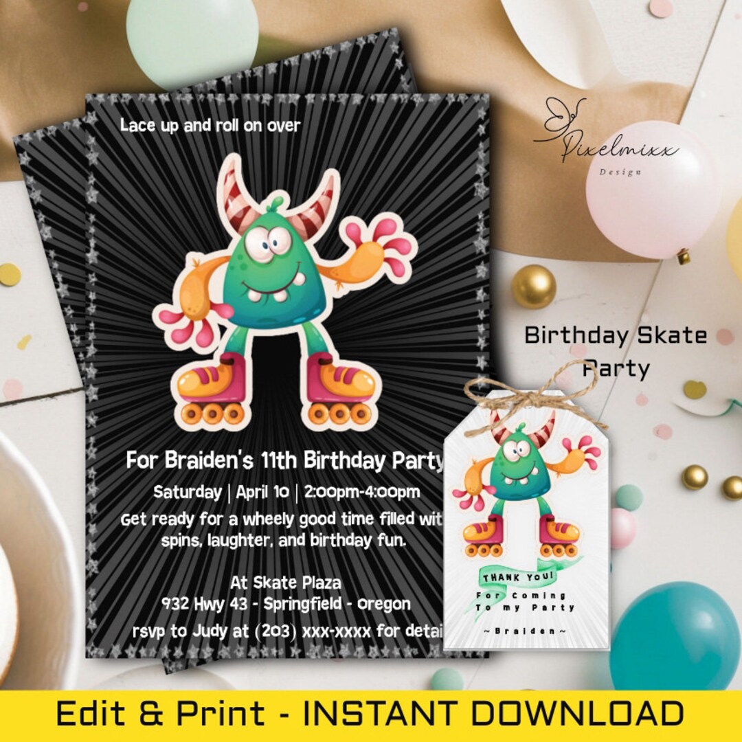 EDITABLE Roller Skating Party Invitation Boy's Printable Party Monster ...