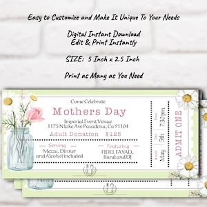 Mothers Day Event Ticket, Floral Brunch or Dinner Ticket, Editable Mom ...