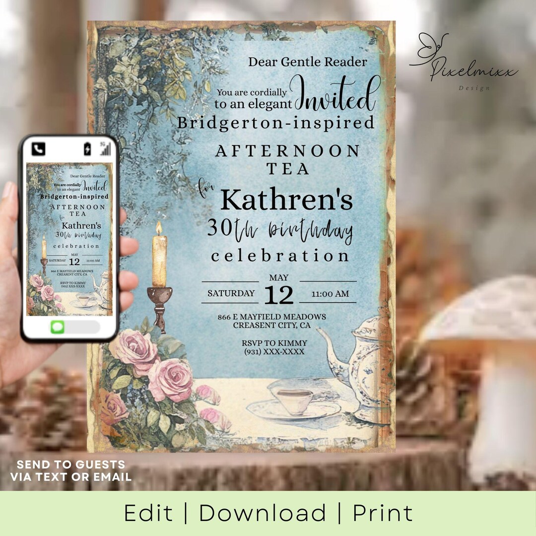 Regency Birthday Invitation Printable Digital Invite Elegant Tea Party ...