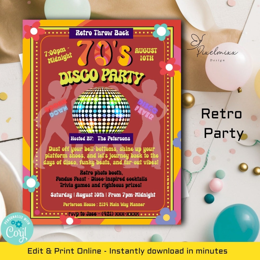 Retro Party Invitation Flyer Template Disco Event Flyer Throw Back ...