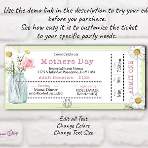 Mothers Day Event Ticket, Floral Brunch or Dinner Ticket, Editable Mom ...