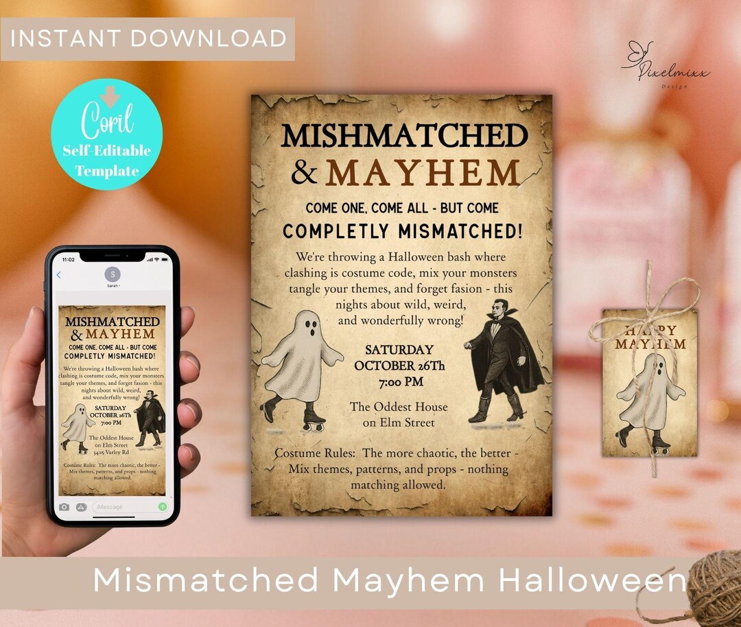 Editable Mismatched Mayhem Halloween Party Invitation Set With Matching ...
