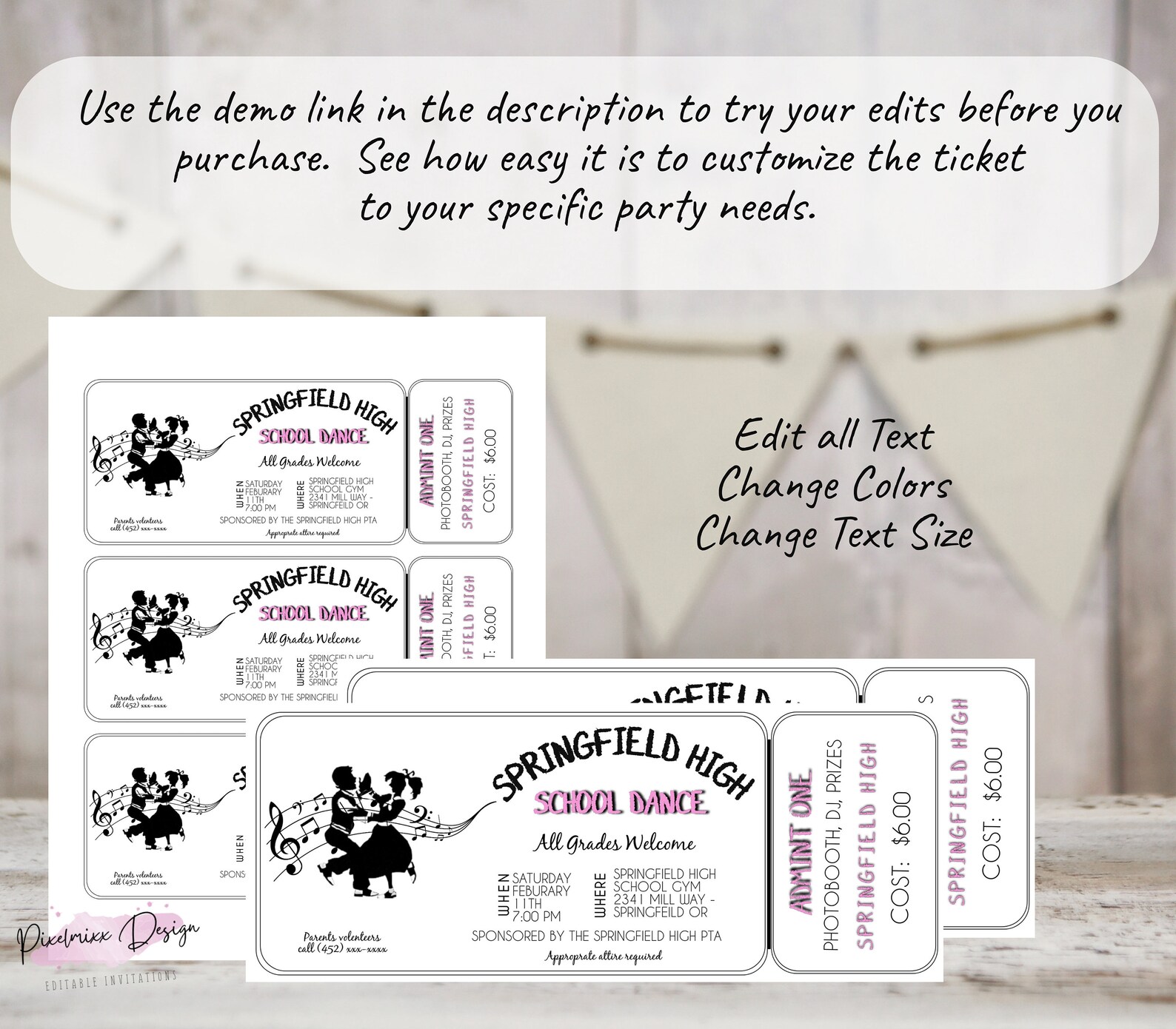 Editable Tickets, School Dance Tickets, Edit and Print Ticket Template ...