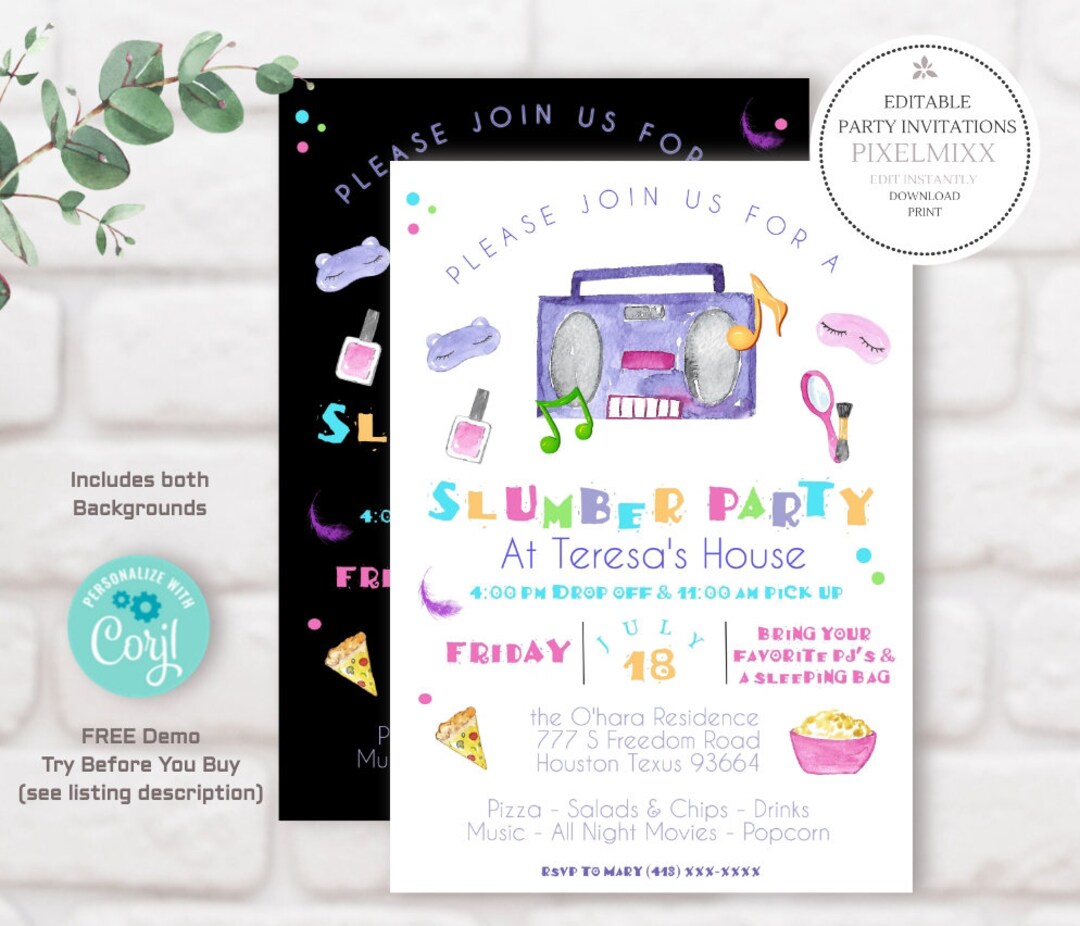 Slumber Party Invitation, Self-edit Sleepover Party Invite, Edit ...