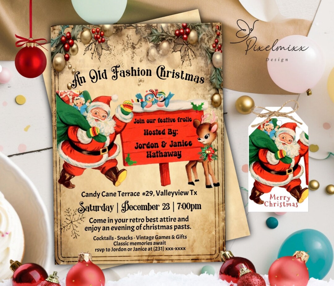 Vintage Christmas Party Invitation Retro Santa Invitation Template ...