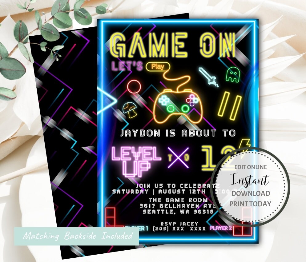 Gamer Neon Glow Invite, Digital Instant Download, Edit & Print ...