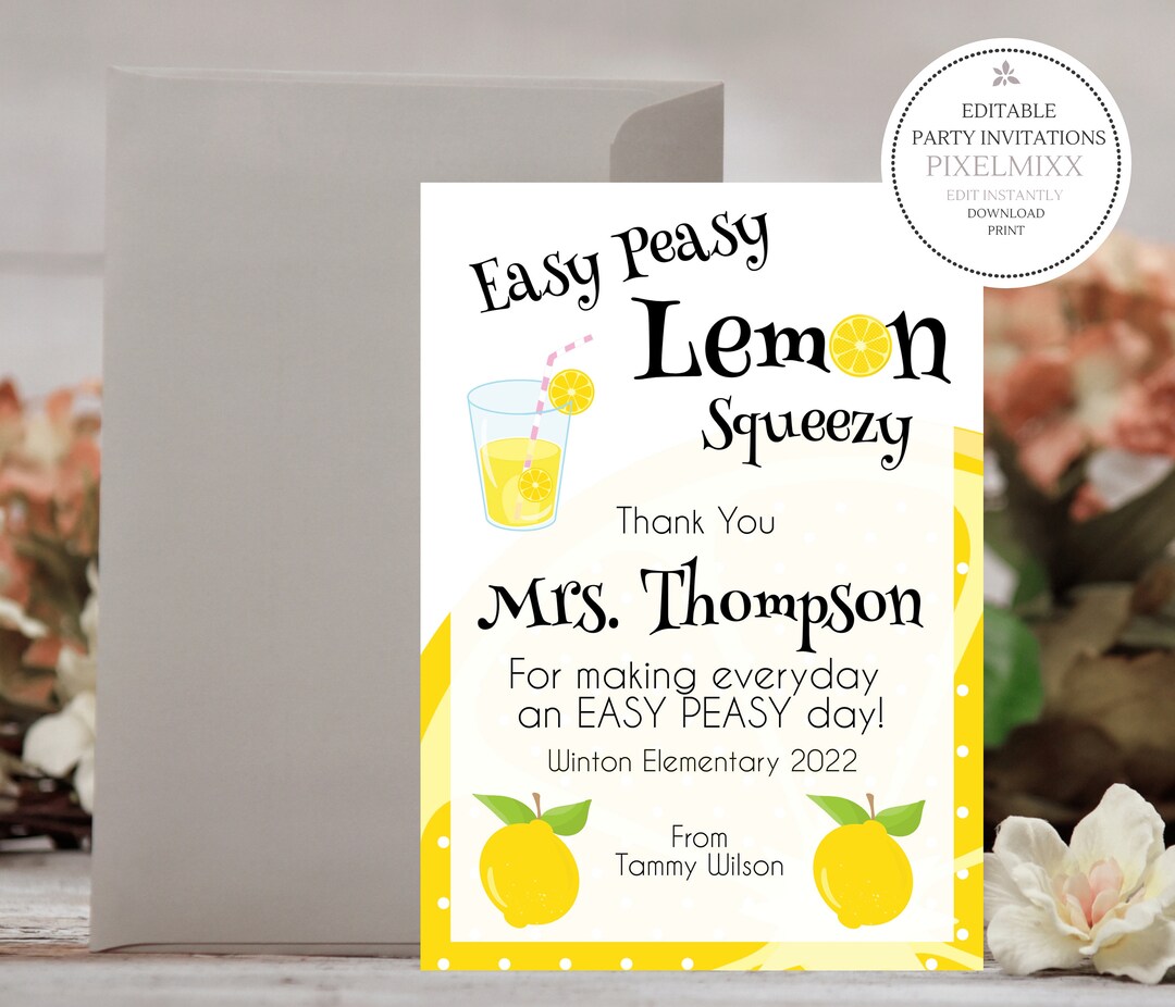 Easy Peasy Lemon Squeezy Teacher Appreciation Card, Student Teacher ...