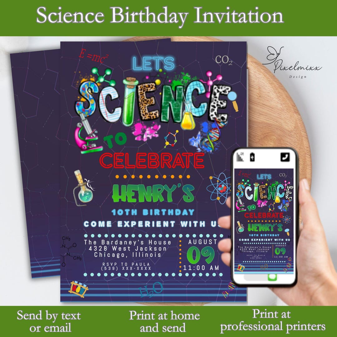 Editable Science Birthday Invitation Neon Lab Experiment Boy Girl Party ...