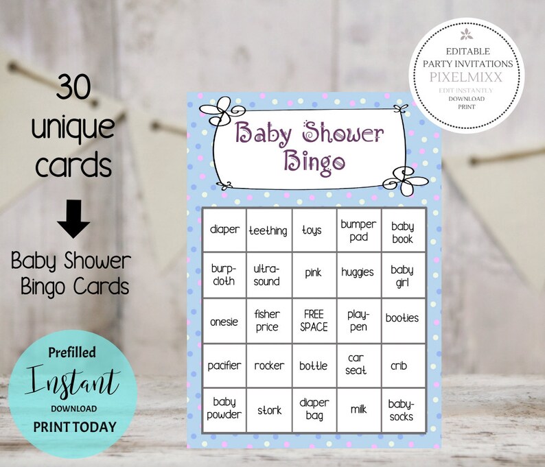 Bingo Game Boards Baby Shower Bingo Printable Pre-filled Bingo Cards ...