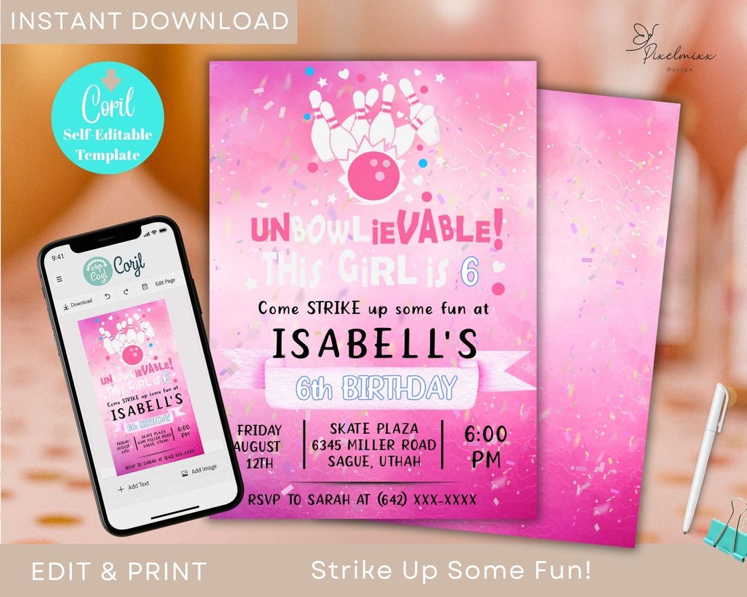 Pink Bowling Birthday Party Invitation: Editable Digital Template - Etsy