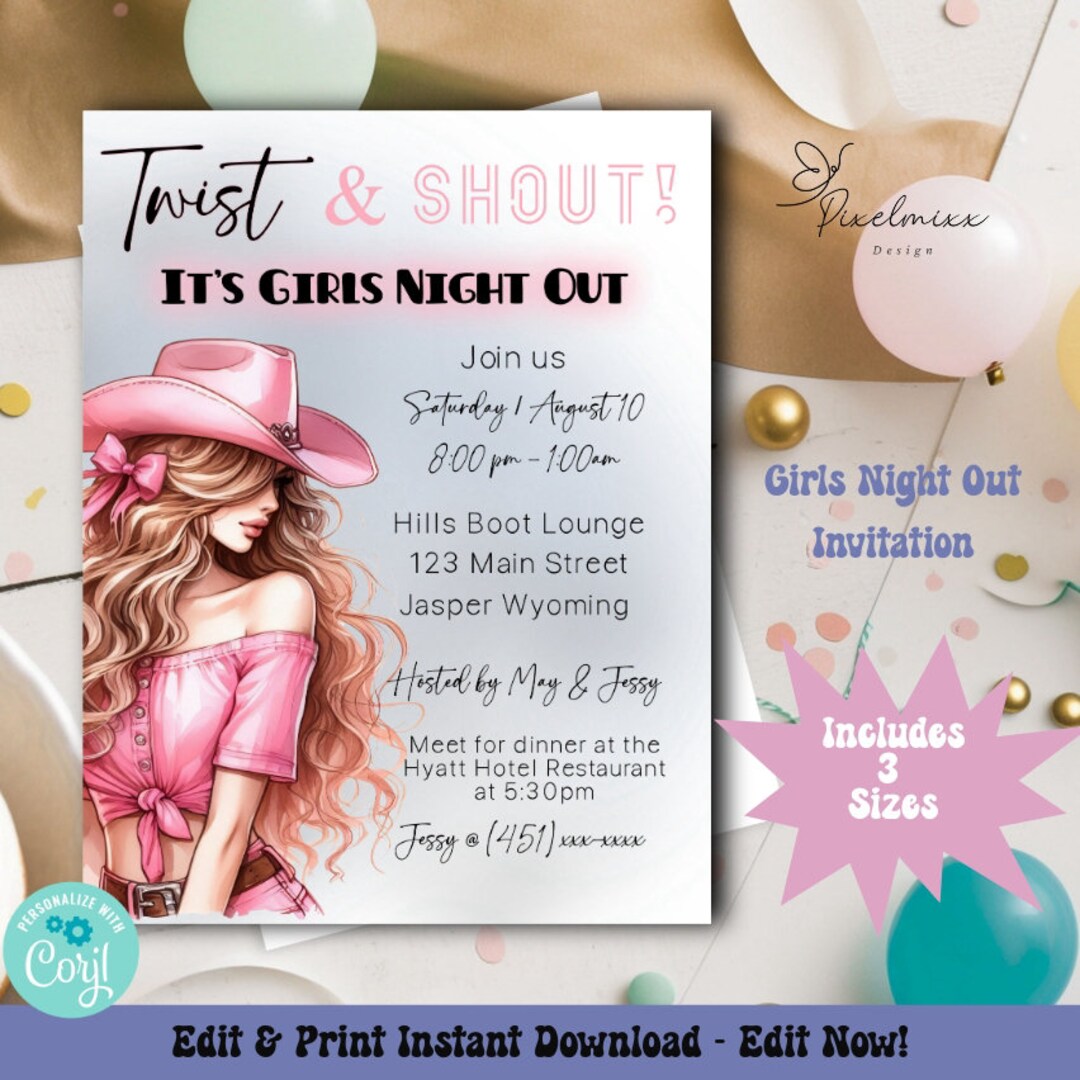EDITABLE 'girls Night Out" Twist & Shout Party Invitation, Cowgirl Boot ...