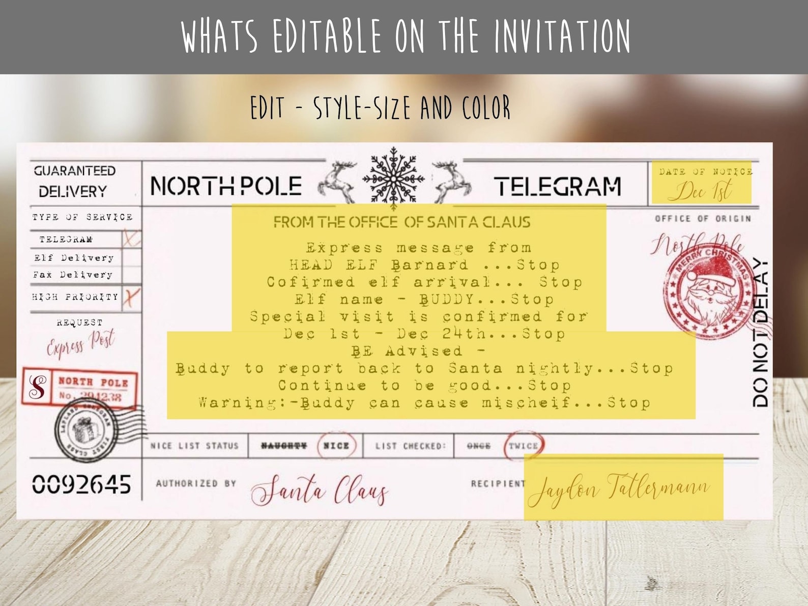 Elf Arrival Telegram, Printable North Pole Telegram, Edit and Print ...