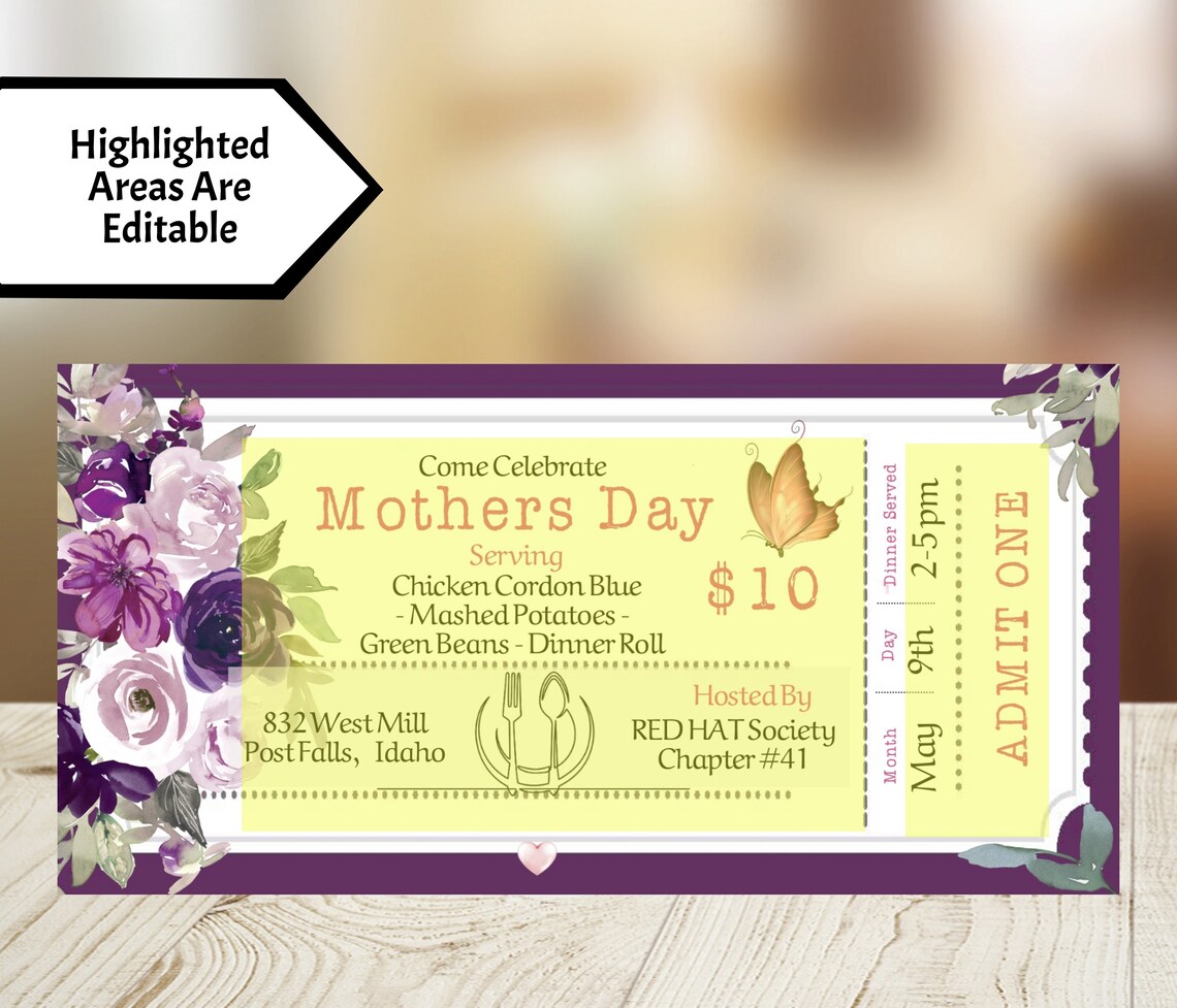 Mothers Day Celebration Ticket, Floral Brunch Tickets, Editable Mothers ...