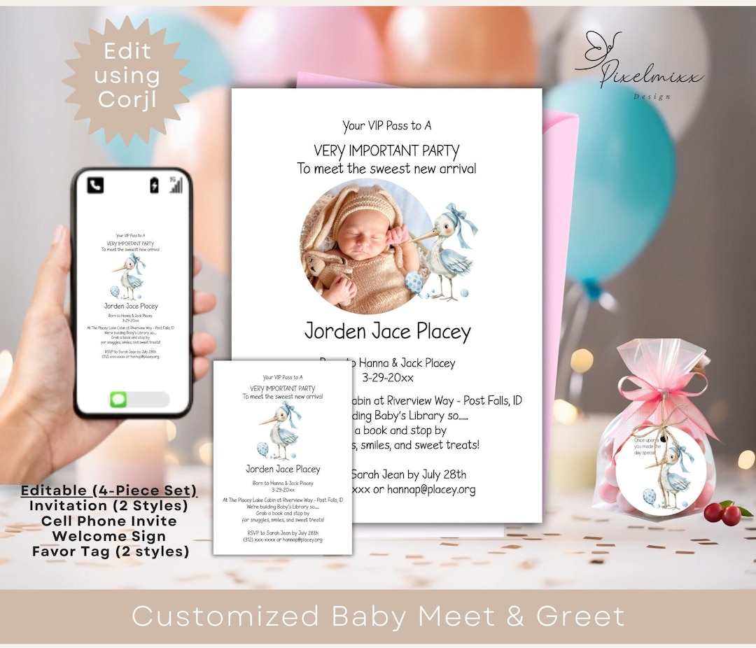 Minimalist Baby Meet & Greet Invitation Suite: Editable Corjl Template ...