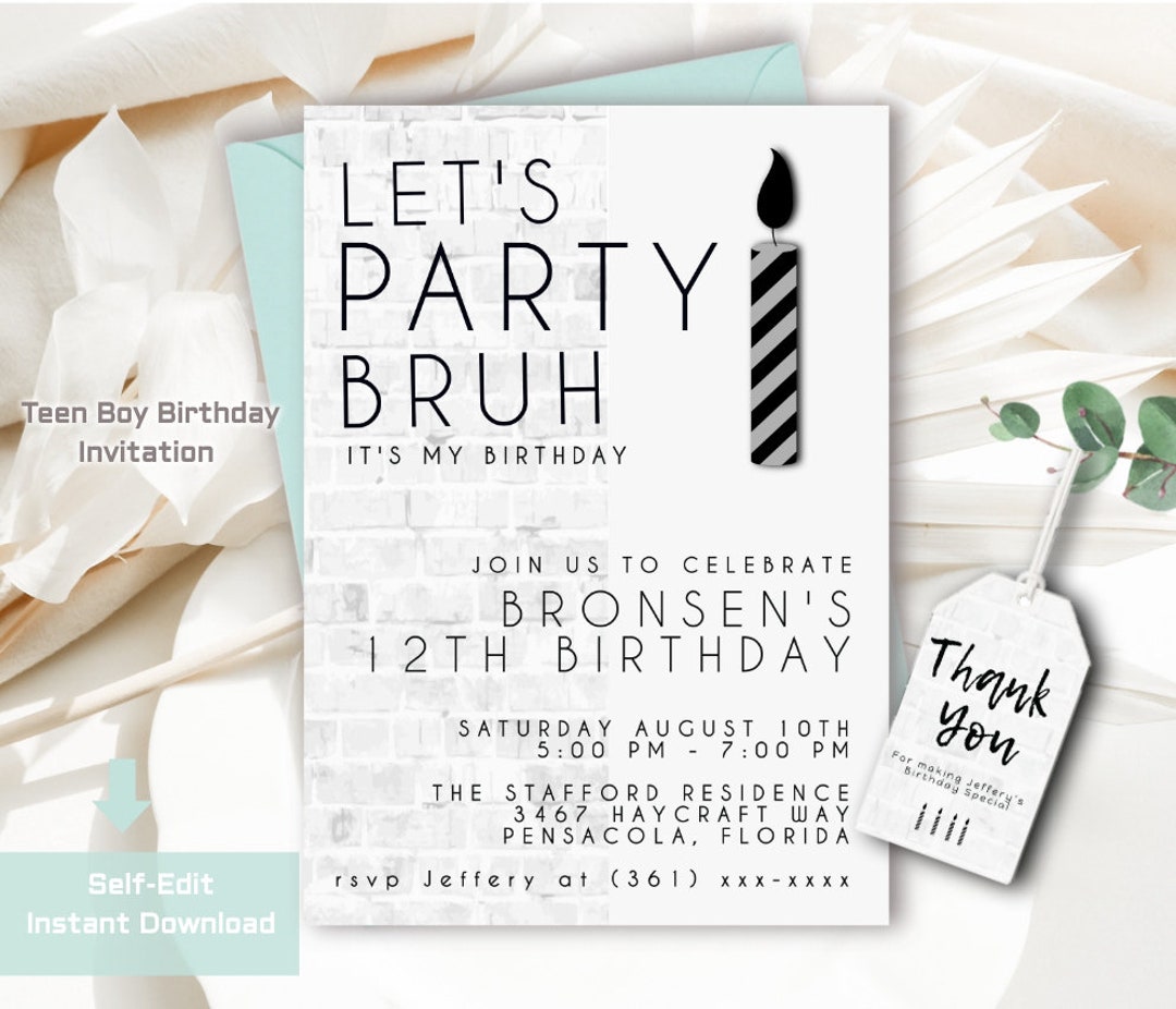 Teen Boy Birthday Invitation, Black and White Birthday Invitation, Self ...