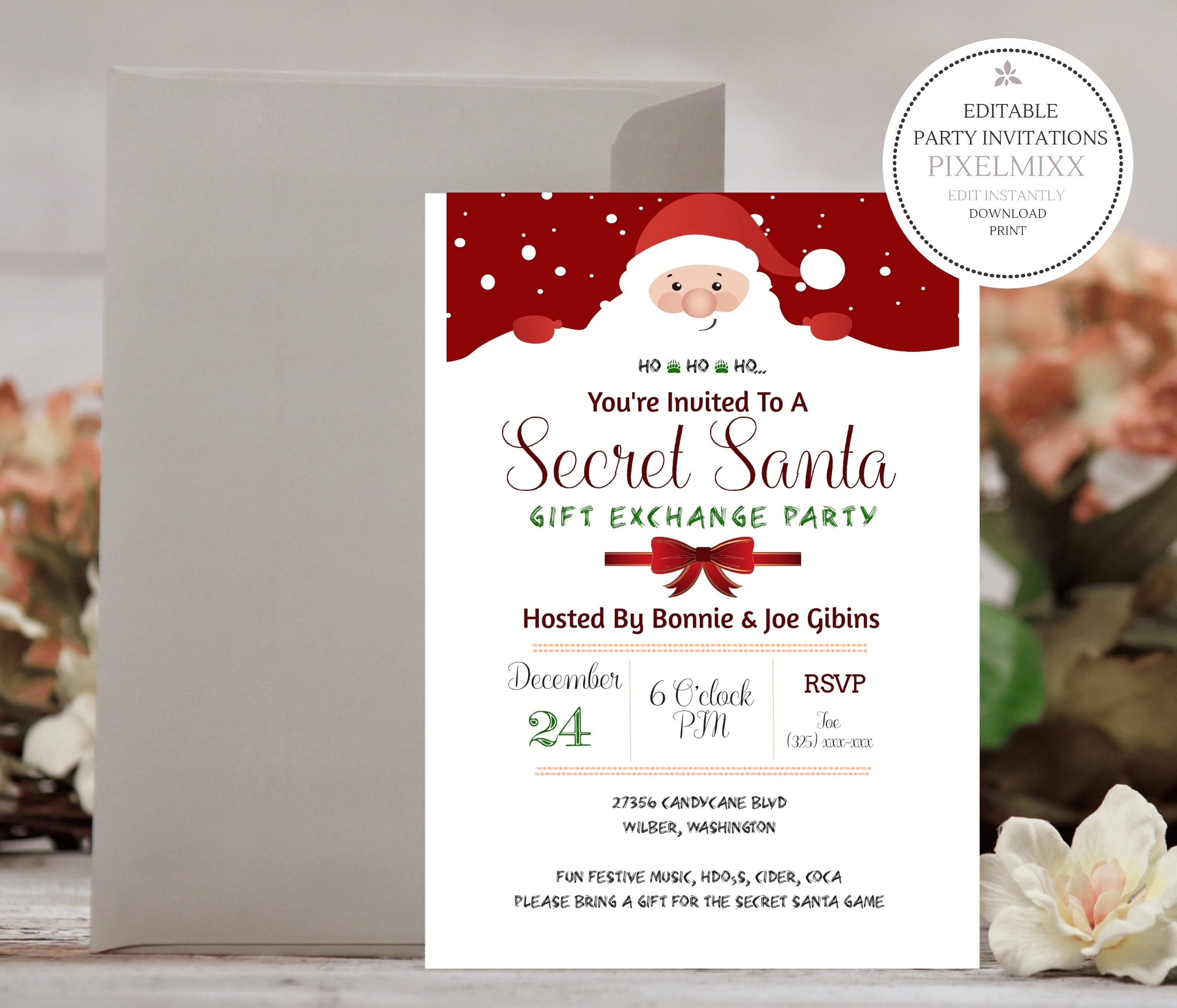 Secret Santa Gift Exchange Christmas Party, Holiday Party Invitation Template, Editable Party ...