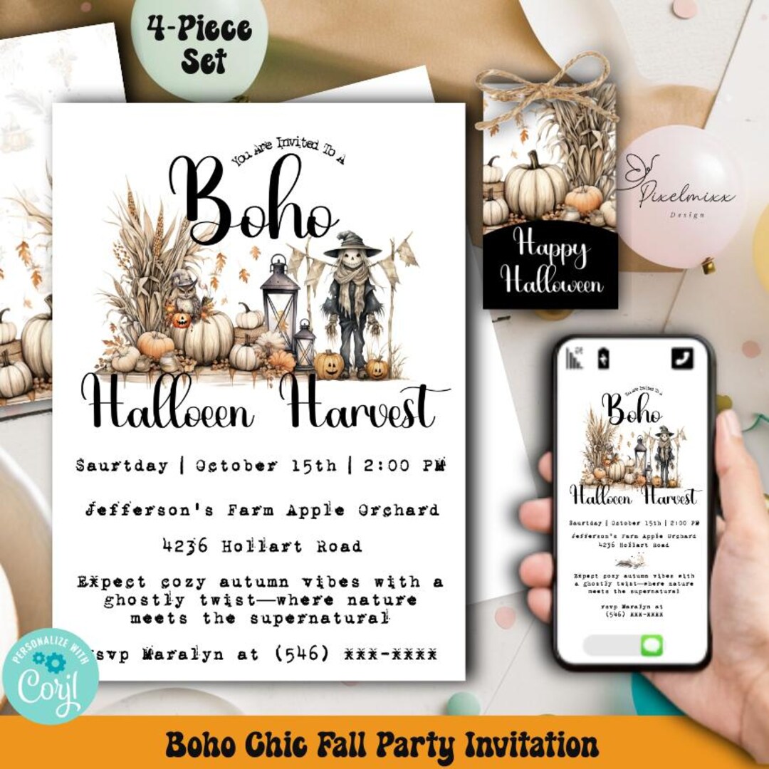 Editable Boho Chic Halloween Party Invitation Template Printable Boho ...