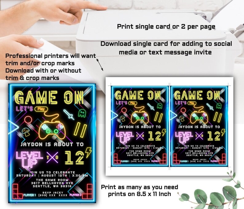 Gamer Neon Glow Invite, Digital Instant Download, Edit & Print ...