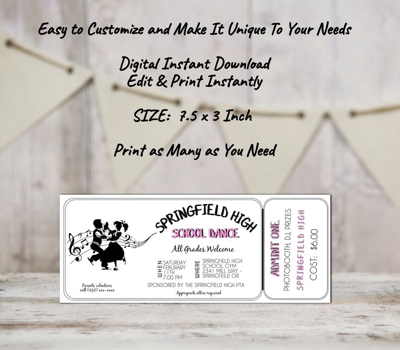 Editable Tickets, School Dance Tickets, Edit and Print Ticket Template ...
