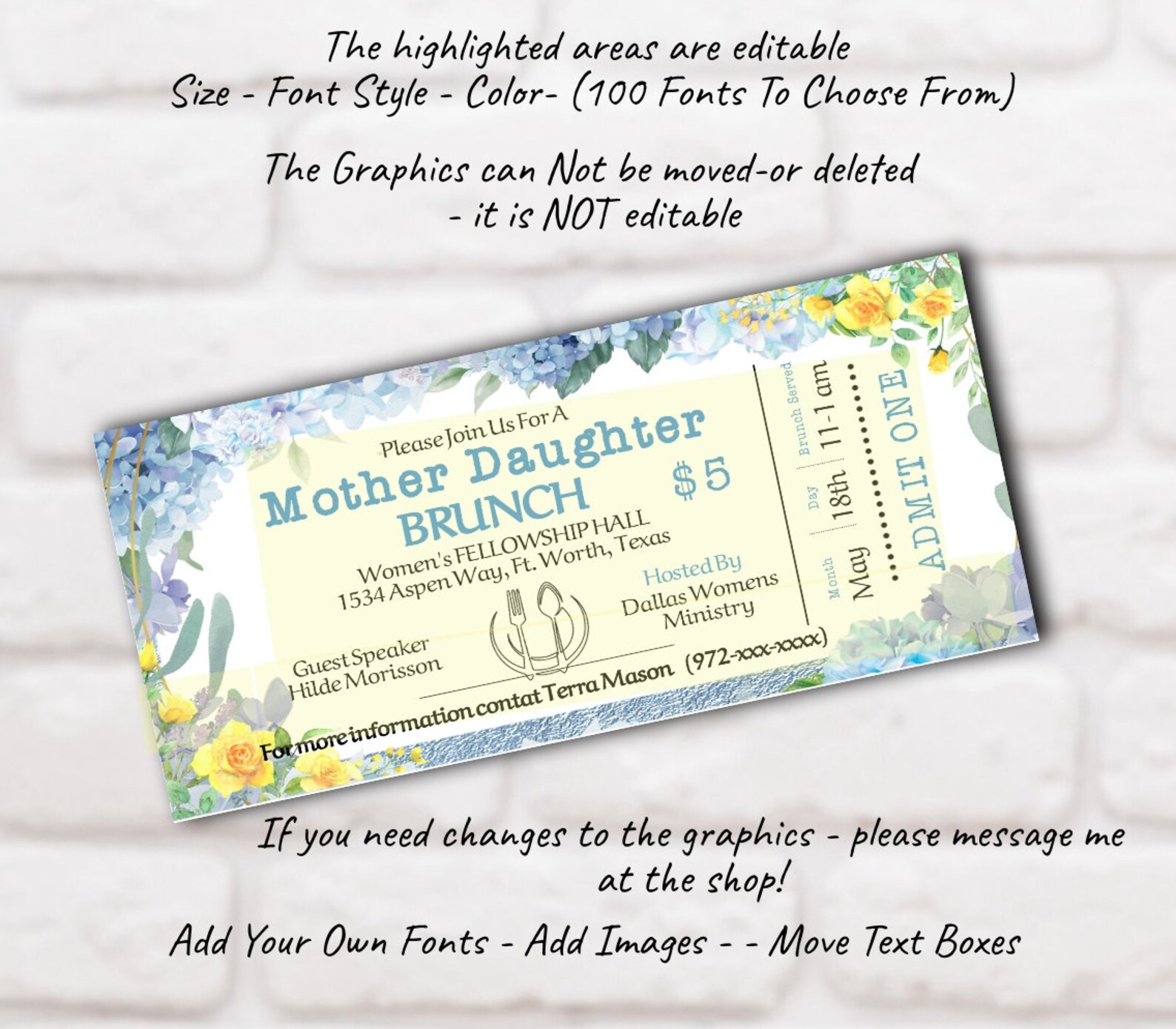 Floral Mother's Day Brunch Ticket Template (editable, Printable) - Etsy