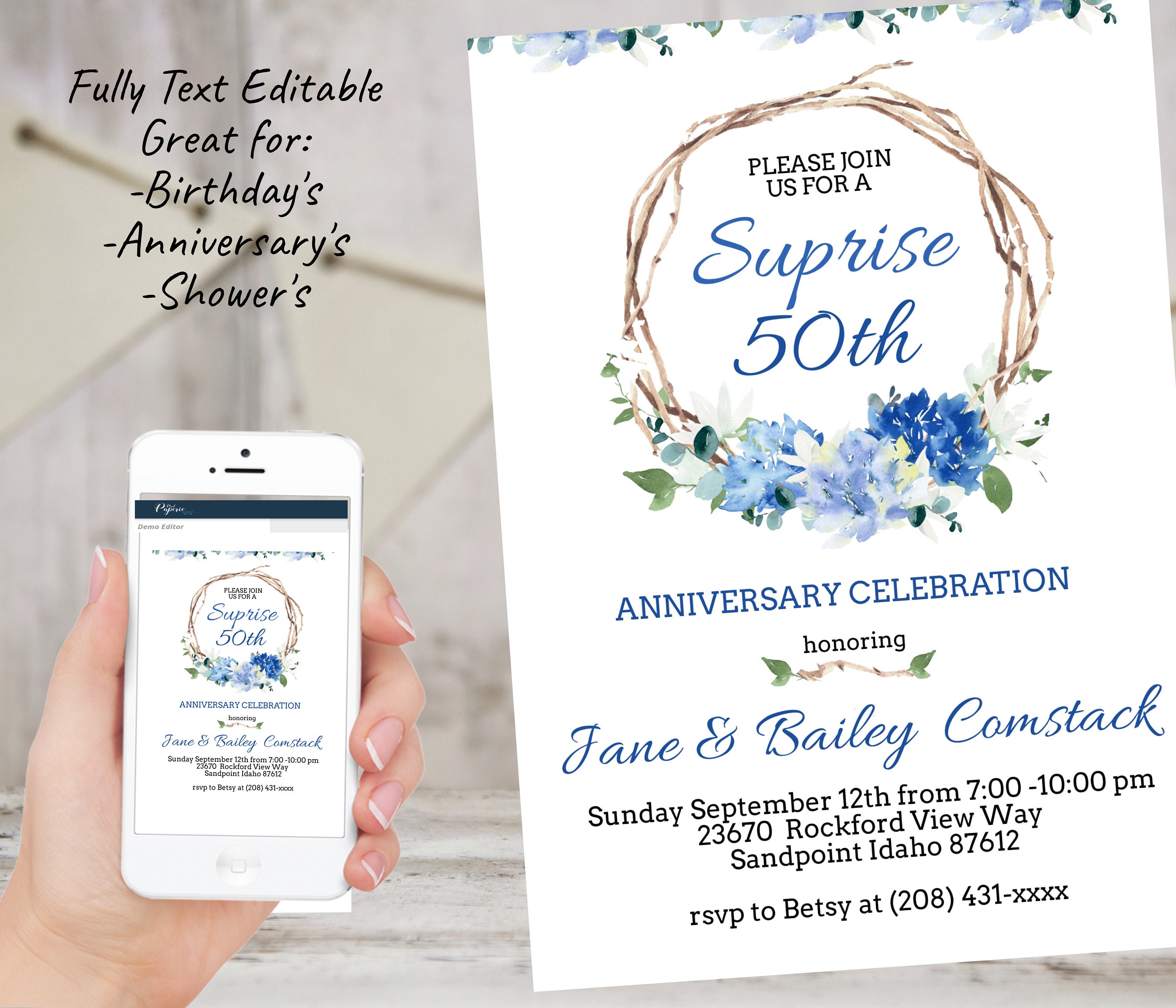 Blue Floral Anniversary Party Invitation Template (digital Download) - Etsy