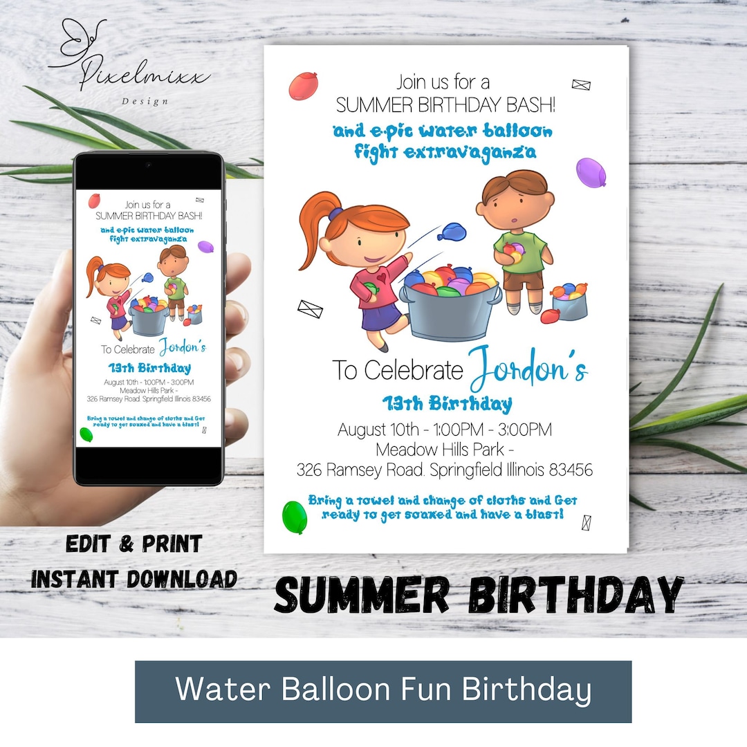 Birthday Party Invitation Summer Birthday Water Balloon Party ...
