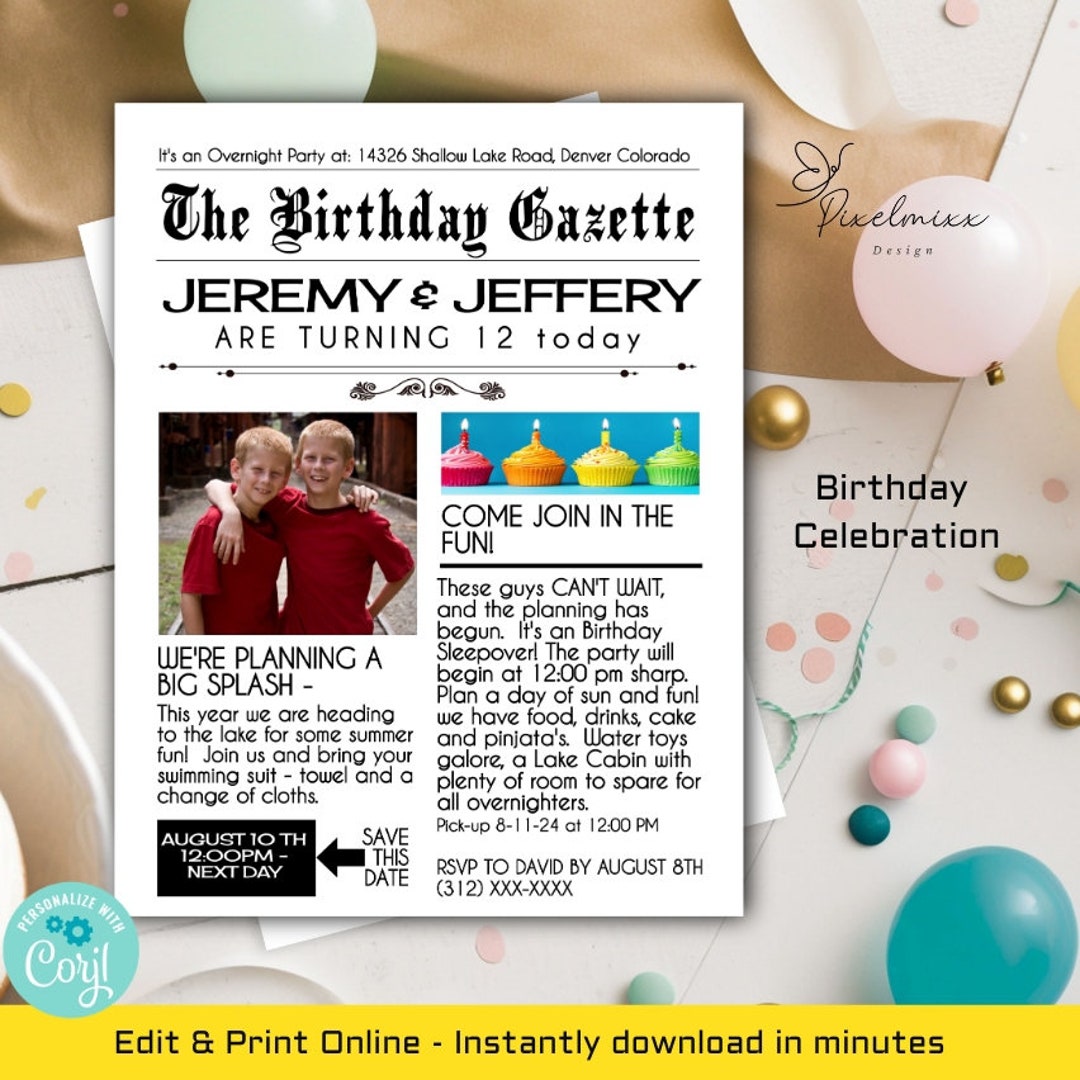 Editable Newspaper Invitation Birthday Party Sleepover Teen Boy ...
