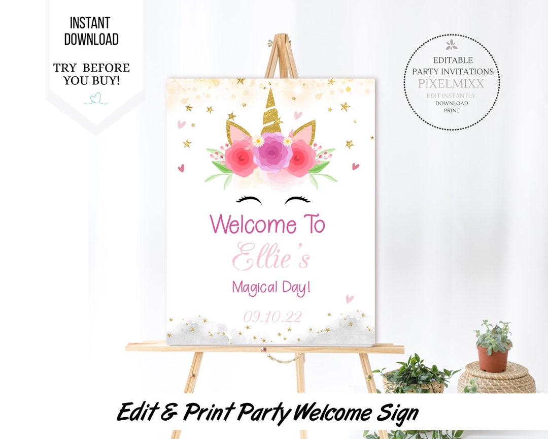 EDITABLE Unicorn Birthday Welcome Sign, Unicorn Party Sign, Magical Day ...