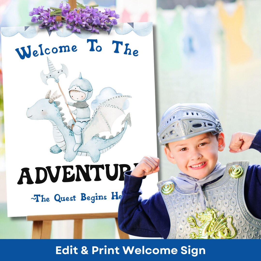 Editable Blue Dragon Welcome Sign Medieval Knight Kids Party Printable ...