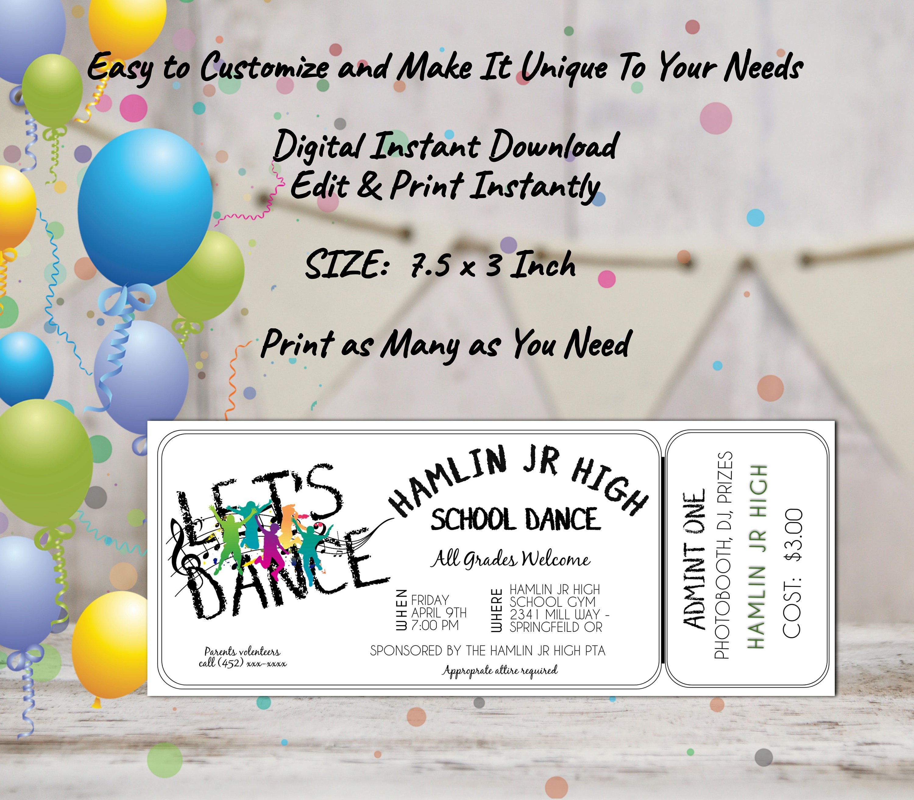 EDITABLE School Dance Tickets, Printable Let's Dance Ticket Template ...
