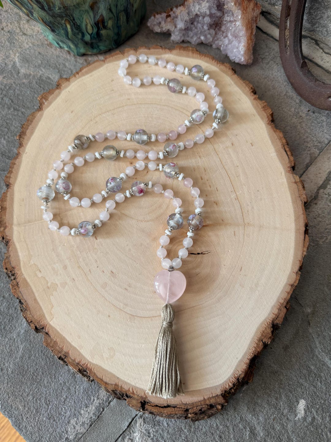 Rose Quartz Mala Necklace, Vintage Lampwork Glass, Heart Guru Bead - Etsy