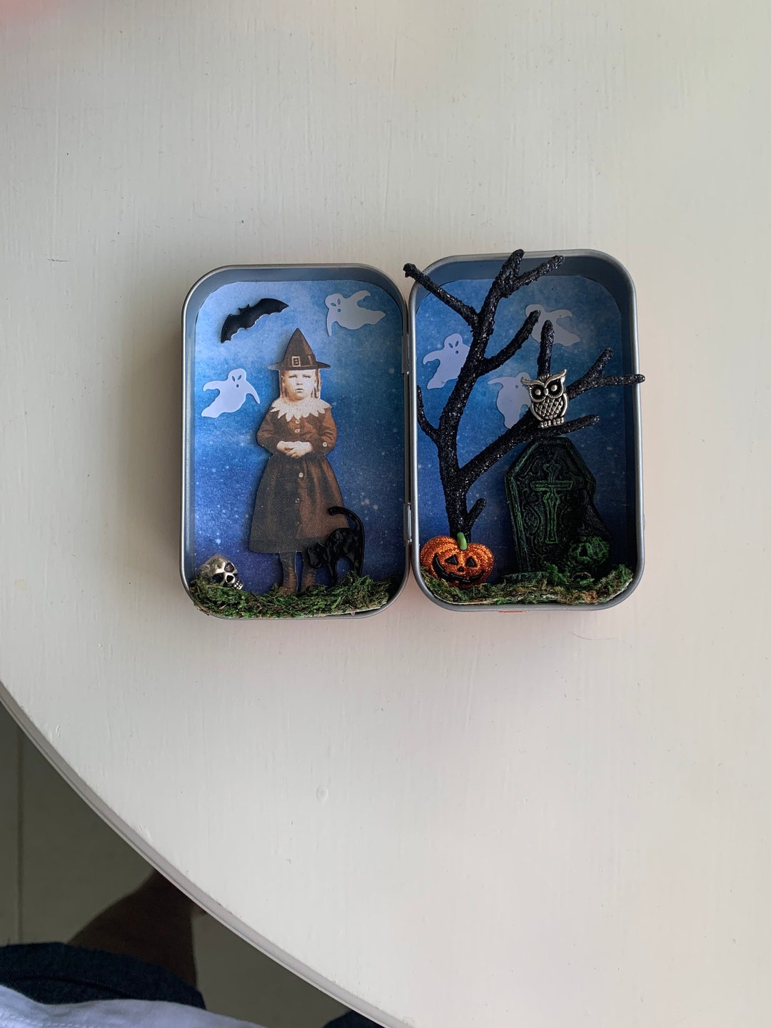 Halloween Altered Tin Witch in Cemetery With Headstone, Ghosts, Owl ...