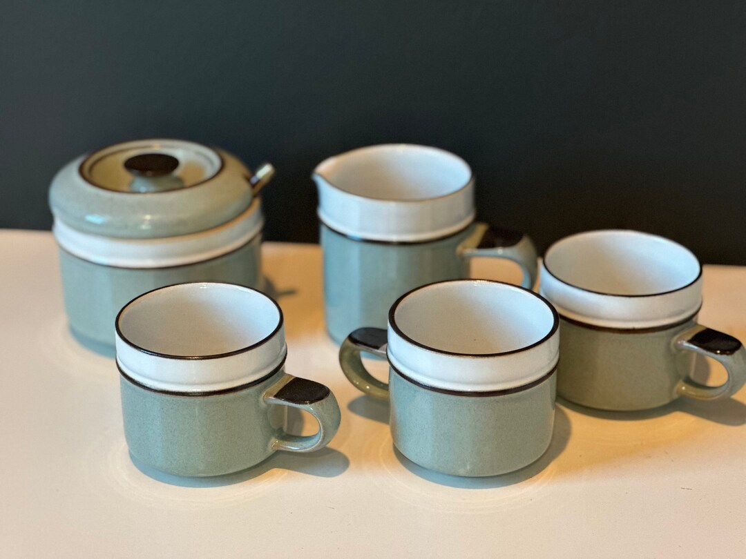 Denby Romance Six Piece Tea or Coffee Set Mugs Sugar Bowl and Creamer ...