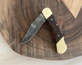 Gold and Wood Damascus Pocket Knife Damascus Folding Pocket Knife for ...