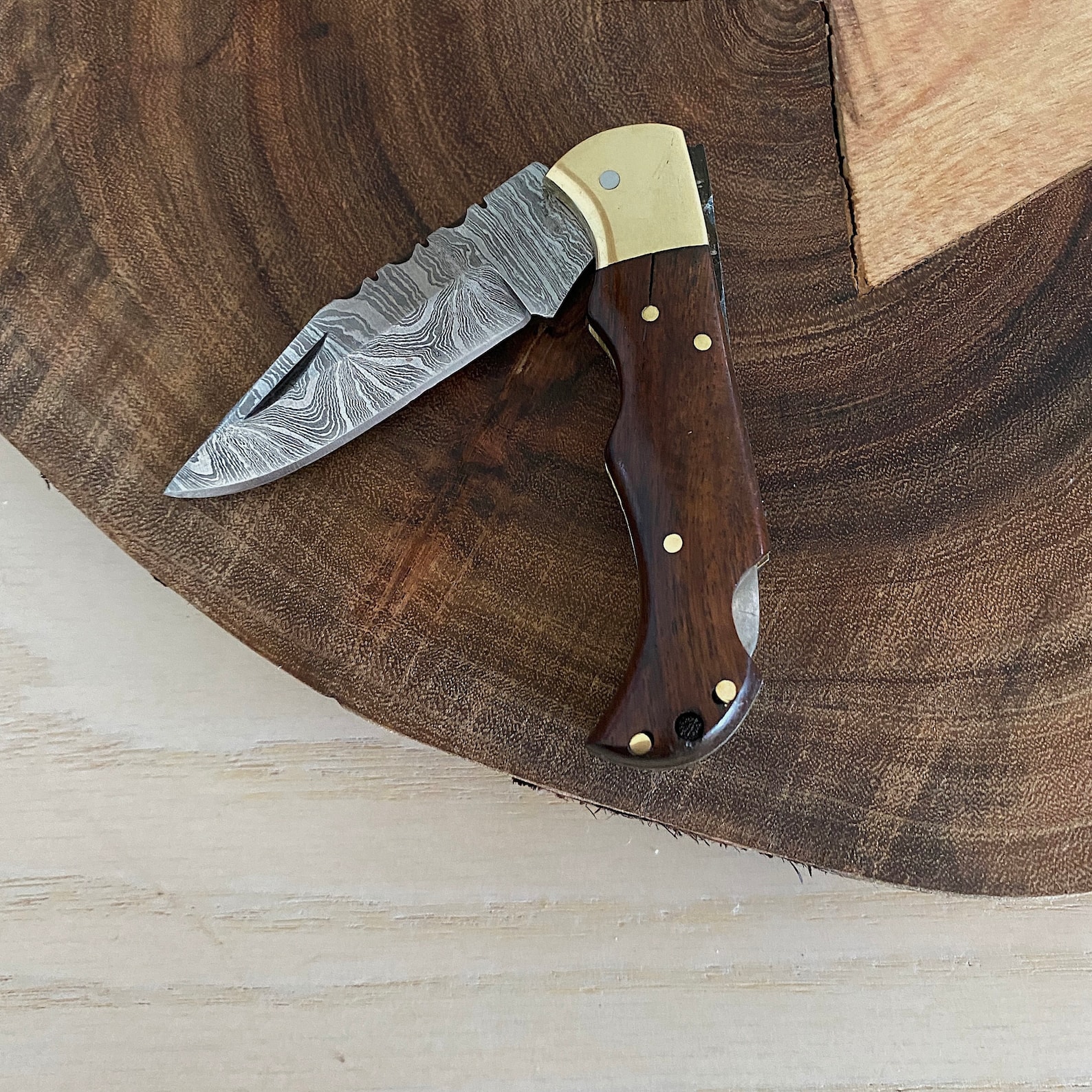 Gold and Wood Damascus Pocket Knife Damascus Folding Pocket | Etsy