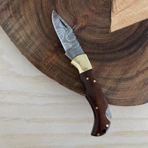 Gold and Wood Damascus Pocket Knife - Damascus Folding Pocket Knife for ...